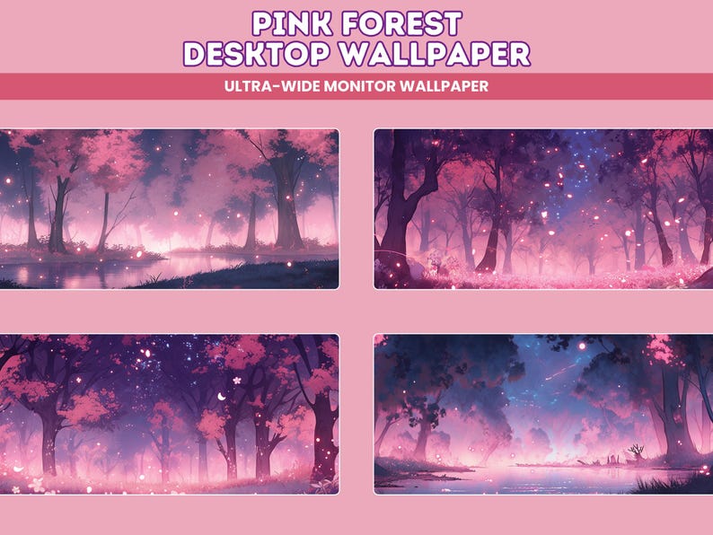 Whimsical Pink Forest Cozy Desktop Wallpaper Set Lofi Cottagecore ...