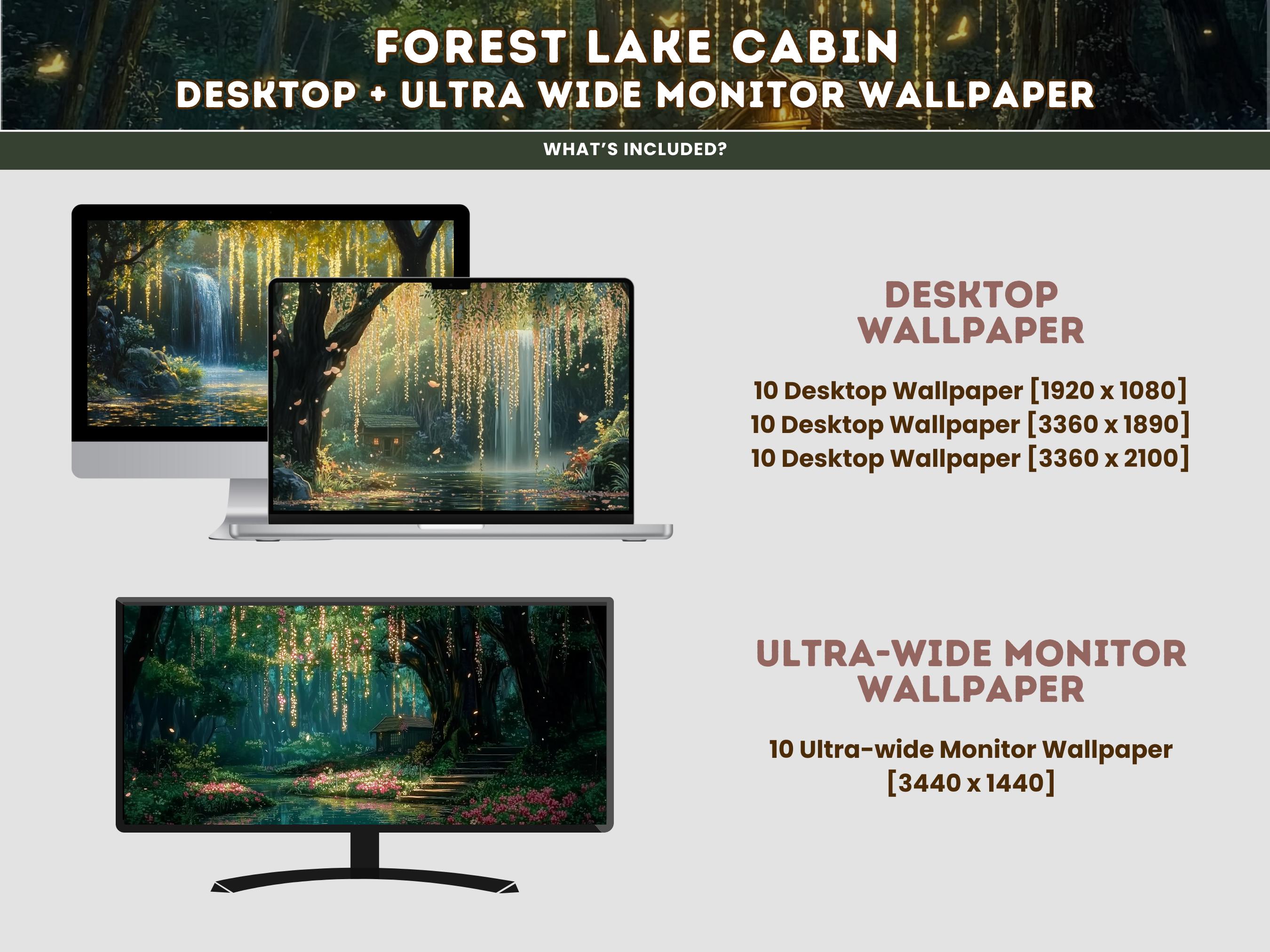 Aesthetic Green Whimsical Forest Lake Cabin Cottagecore Wallpaper ...
