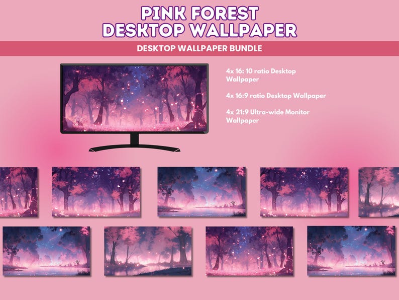 Whimsical Pink Forest Cozy Desktop Wallpaper Set Lofi Cottagecore ...