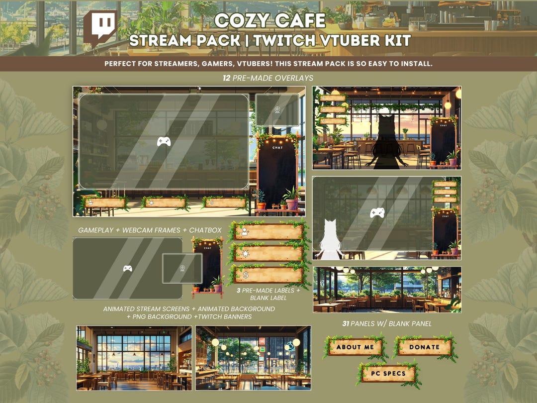 Cozy Modern Cafe Twitch Stream Pack Anime Vtuber Overlay Lofi Animated ...