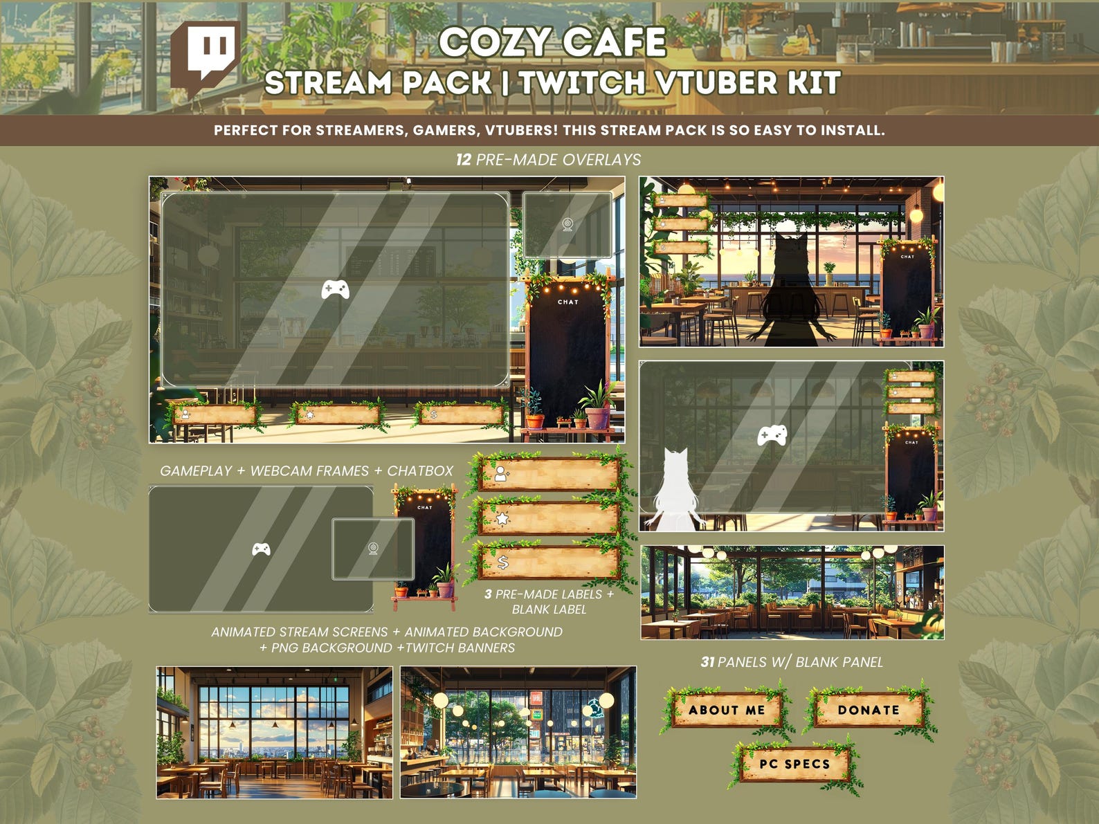 Cozy Modern Cafe Twitch Stream Pack Anime Vtuber Overlay Lofi Animated ...