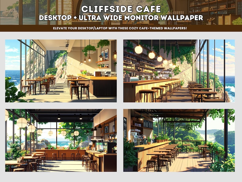 Cozy Cliffside Coffee Shop Wallpaper Ghibli Aesthetic Lofi Desktop ...