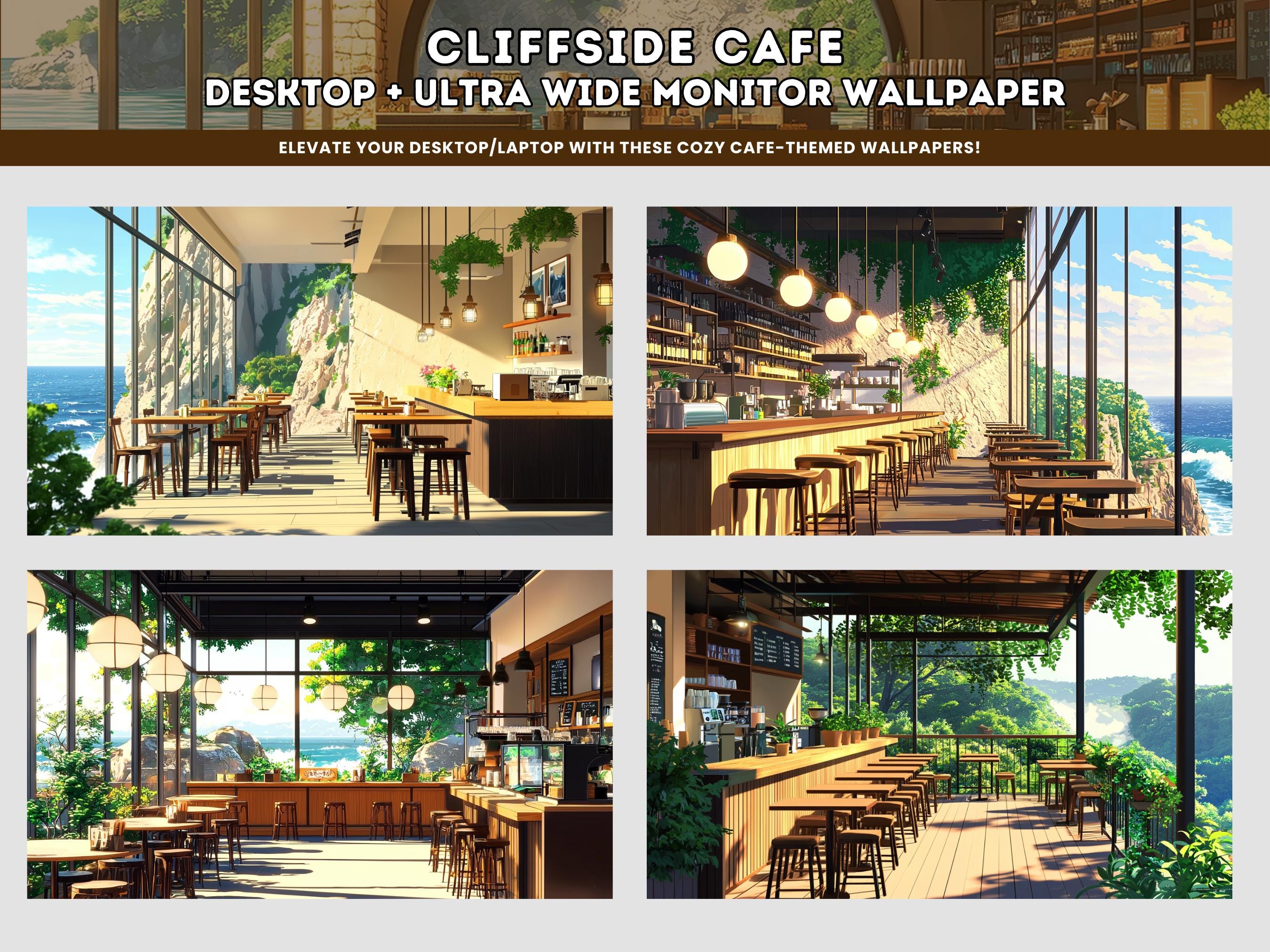 Cozy Cliffside Coffee Shop Wallpaper Ghibli Aesthetic Lofi Desktop ...