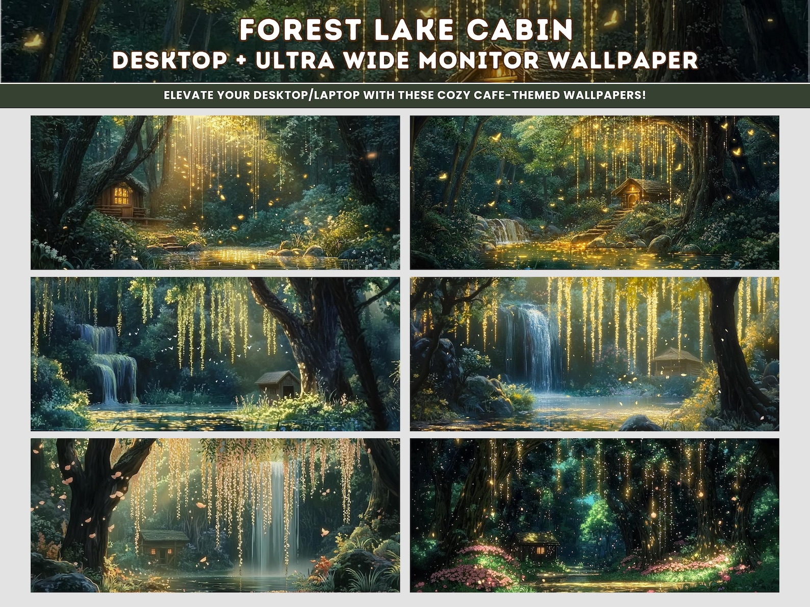 Aesthetic Green Whimsical Forest Lake Cabin Cottagecore Wallpaper ...