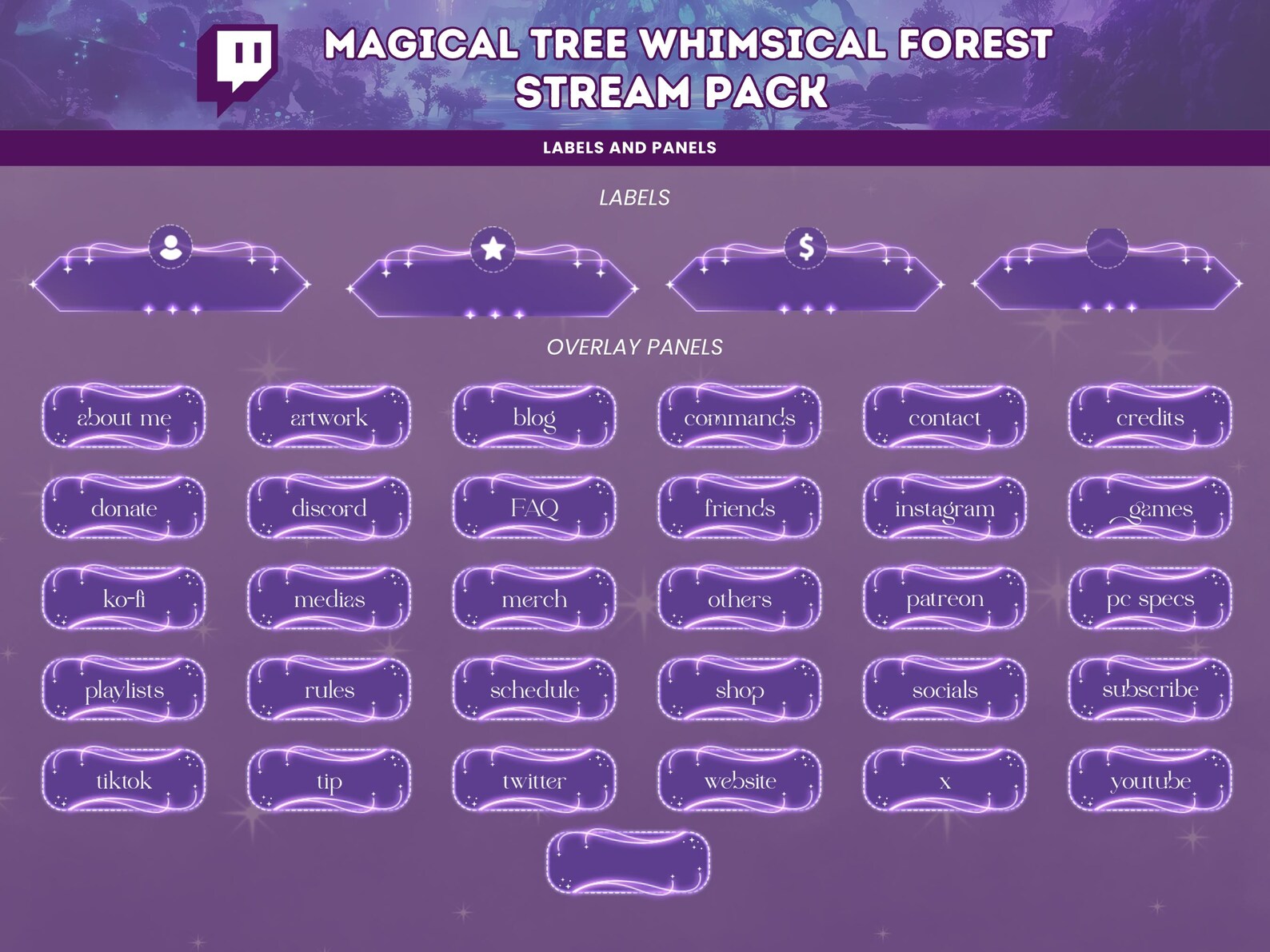 Animated Stream Pack Purple Tree Whimsical Forest Animated Twitch Overlay Lofi Vtuber Background ...