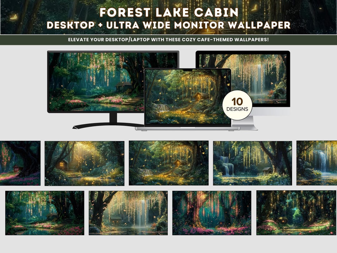 Aesthetic Green Whimsical Forest Lake Cabin Cottagecore Wallpaper ...