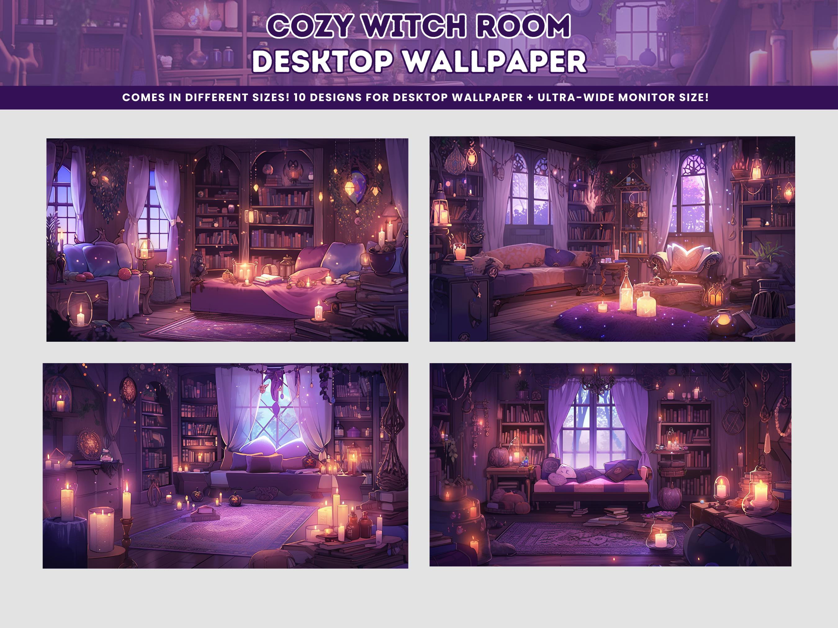 Purple Dark Goth Whimsical Witch Room Desktop Wallpaper Ultra-wide ...