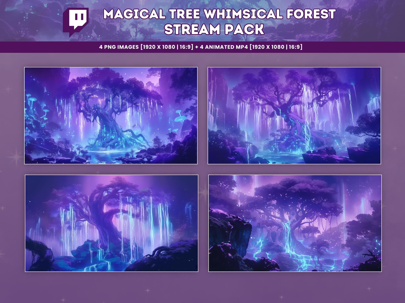 Animated Stream Pack Purple Tree Whimsical Forest Animated Twitch Overlay Lofi Vtuber Background ...