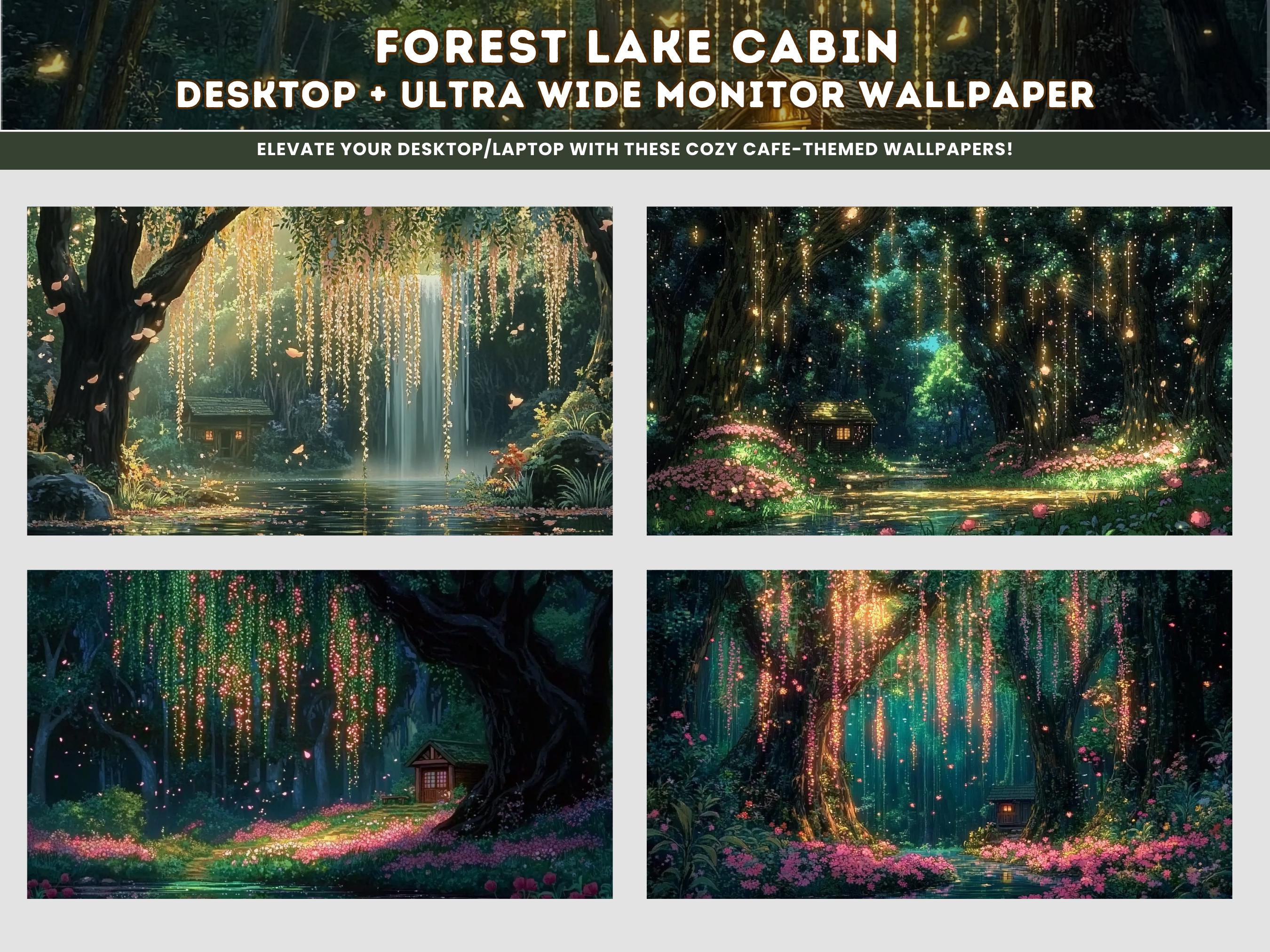 Aesthetic Green Whimsical Forest Lake Cabin Cottagecore Wallpaper ...