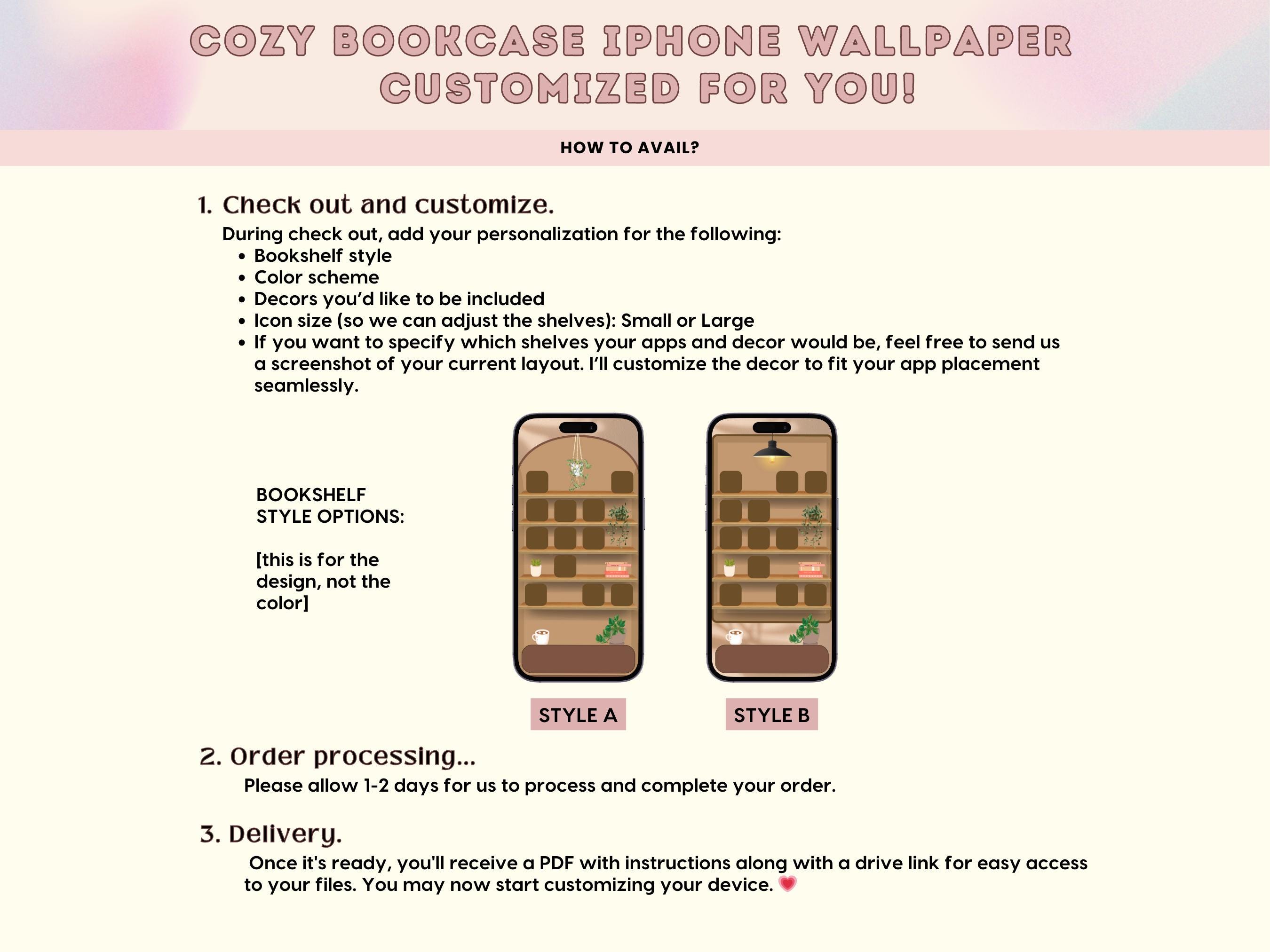 CUSTOM Cozy Bookcase iPhone Homescreen and Lockscreen Wallpaper Set ...