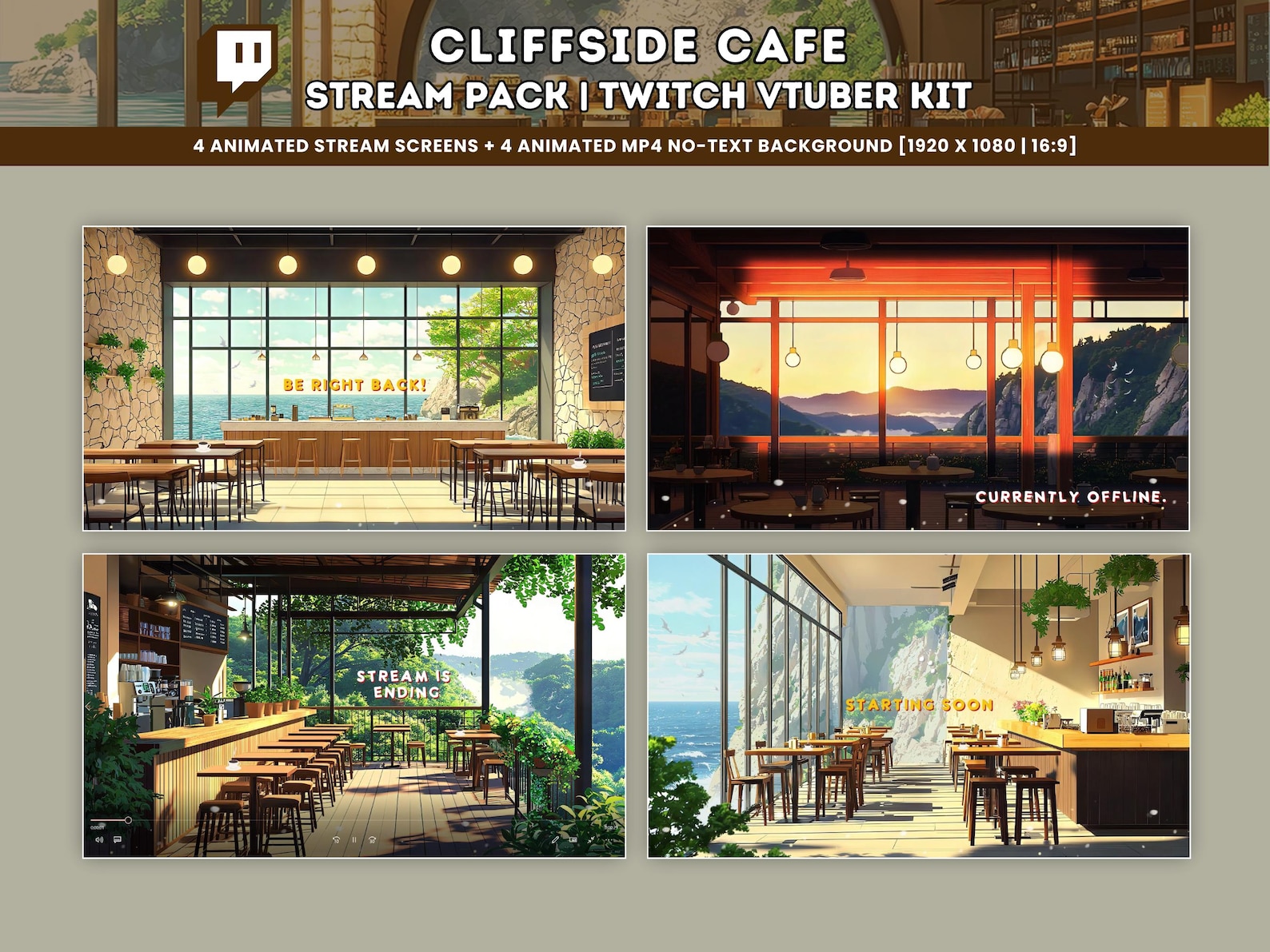 Cozy Cliffside Cafe Animated Stream Pack Cottagecore Ghibli Overlay for Twitch Vtuber OBS ...