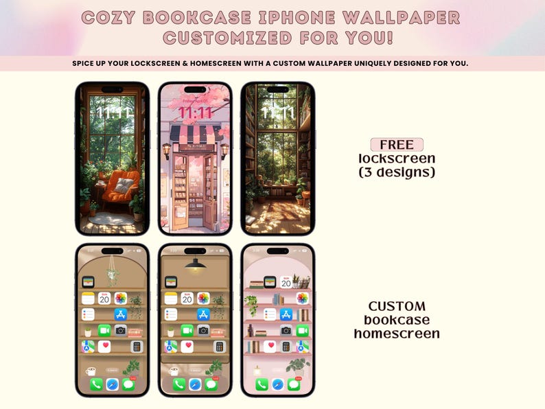 CUSTOM Cozy Bookcase iPhone Homescreen and Lockscreen Wallpaper Set ...