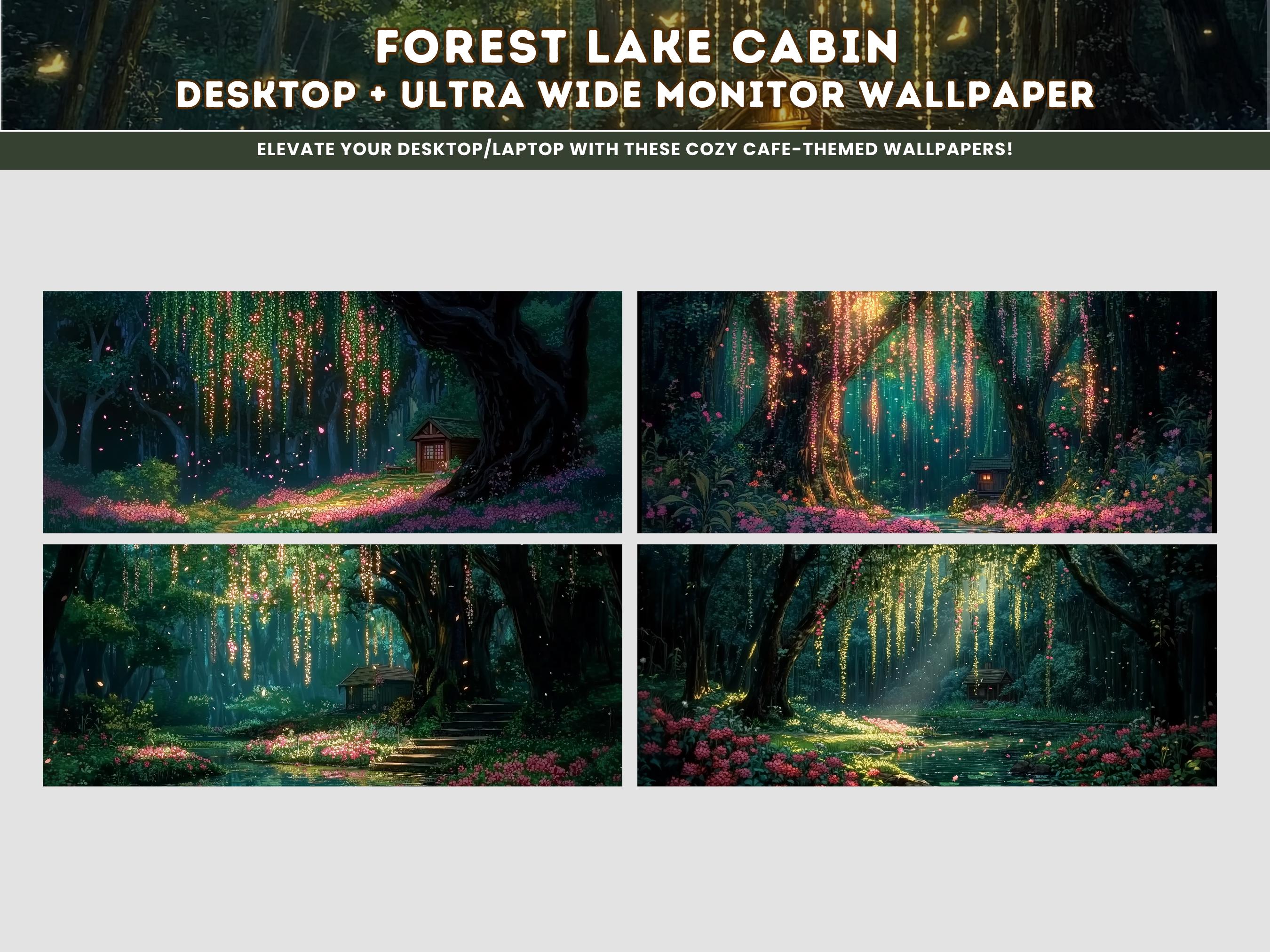 Aesthetic Green Whimsical Forest Lake Cabin Cottagecore Wallpaper ...