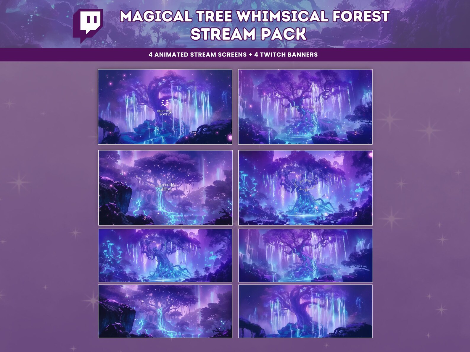 Animated Stream Pack Purple Tree Whimsical Forest Animated Twitch Overlay Lofi Vtuber Background ...
