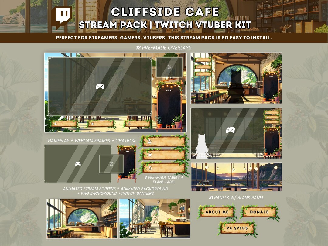 Cozy Cliffside Cafe Animated Stream Pack Cottagecore Ghibli Overlay for ...