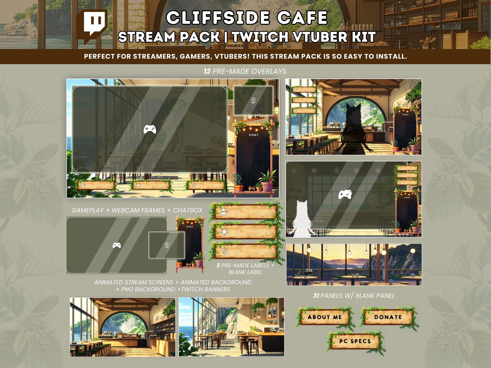 Cozy Cliffside Cafe Animated Stream Pack Cottagecore Ghibli Overlay for Twitch Vtuber OBS ...