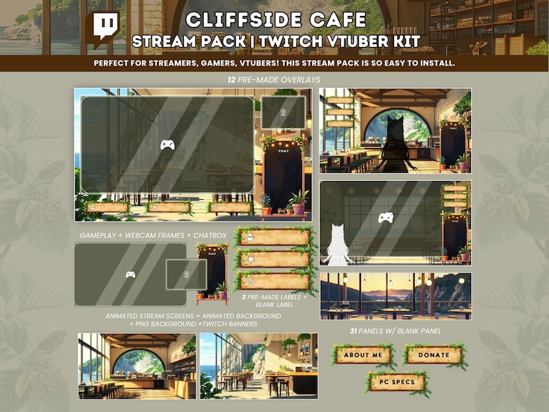 Cozy Cliffside Cafe Stream Pack: Ghibli Cottagecore Animated Overlays ...