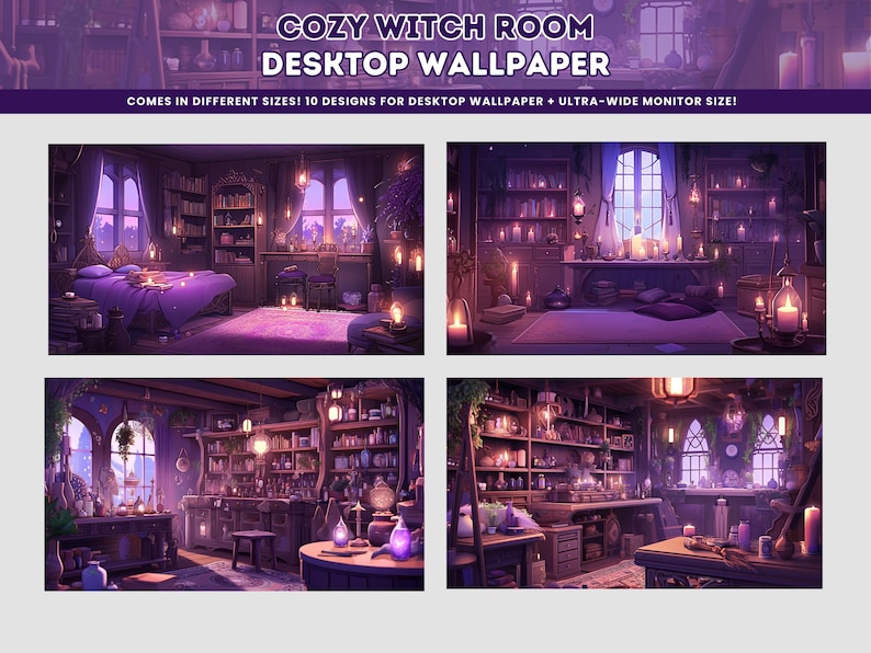 Purple Dark Goth Whimsical Witch Room Desktop Wallpaper Ultra-wide ...