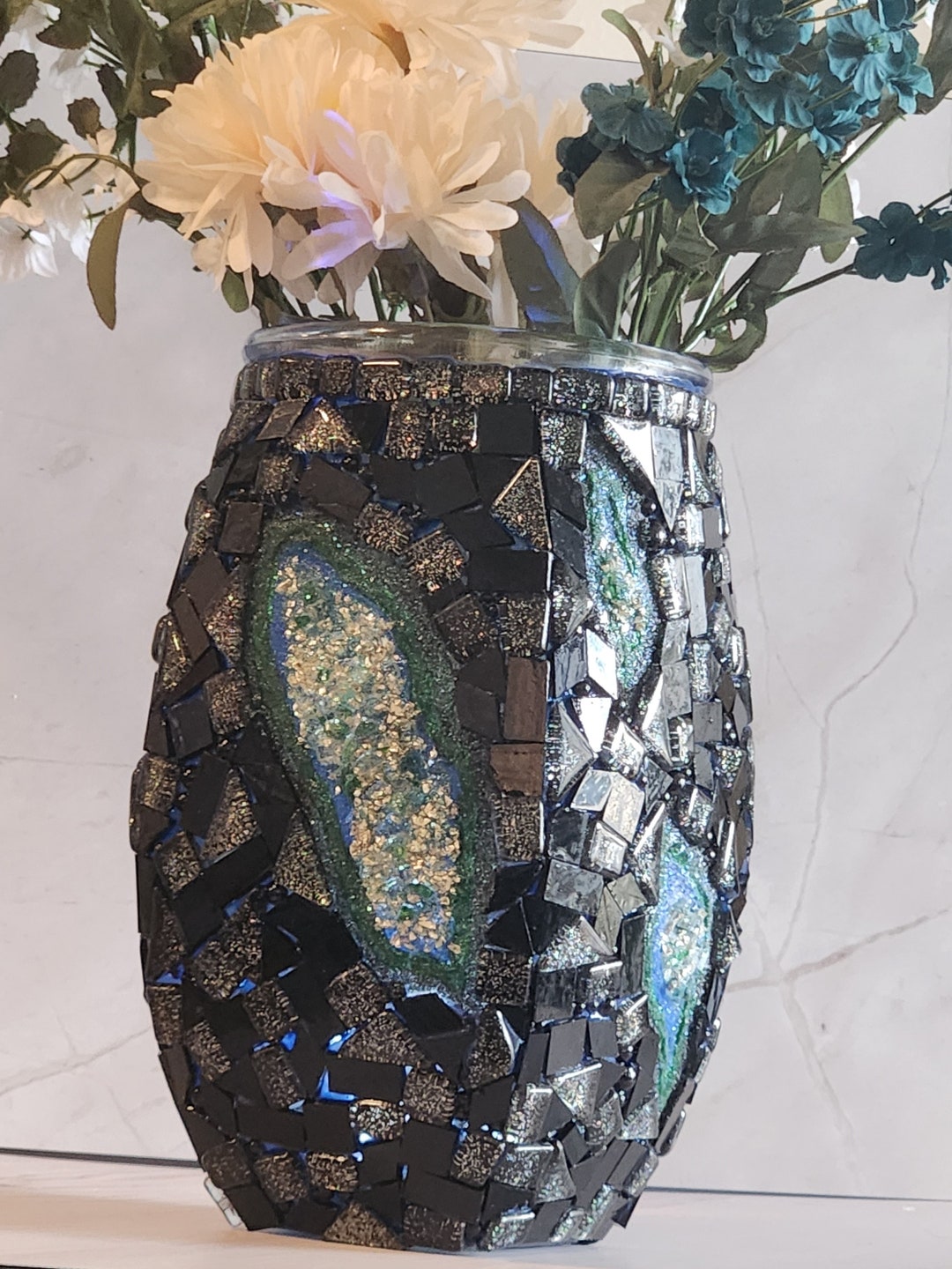 Vase: the Living Stone Geode Design in Black, Blue and Green - Etsy