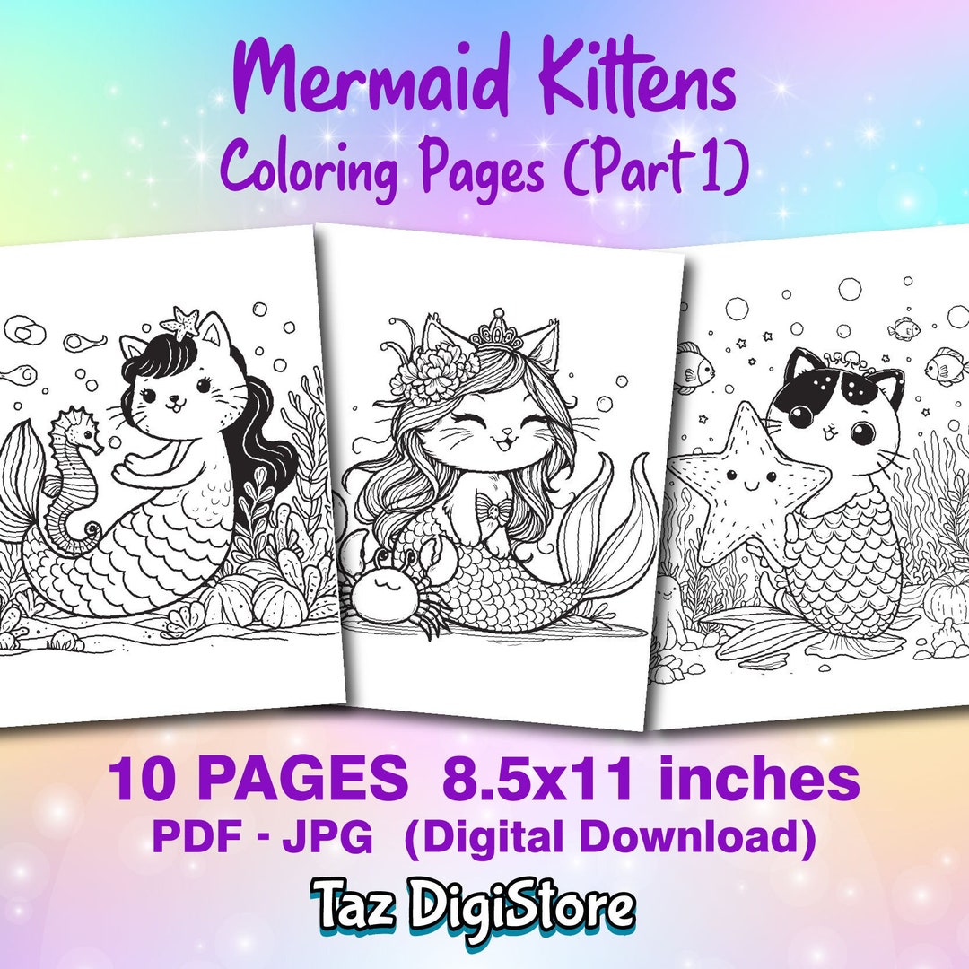 Mermaid Kittens Coloring Pages for Kids part-1 Printable PDF - Etsy