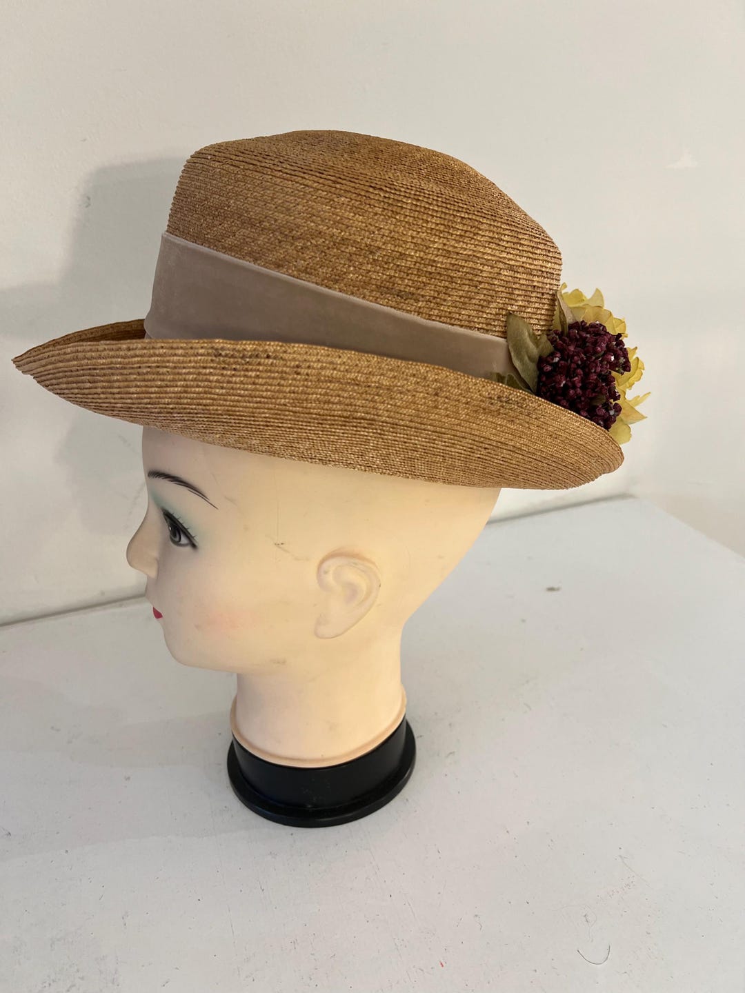 1980s Straw Boater Hat - Yellow Floral Detail, Made by Hats by Katie - Etsy