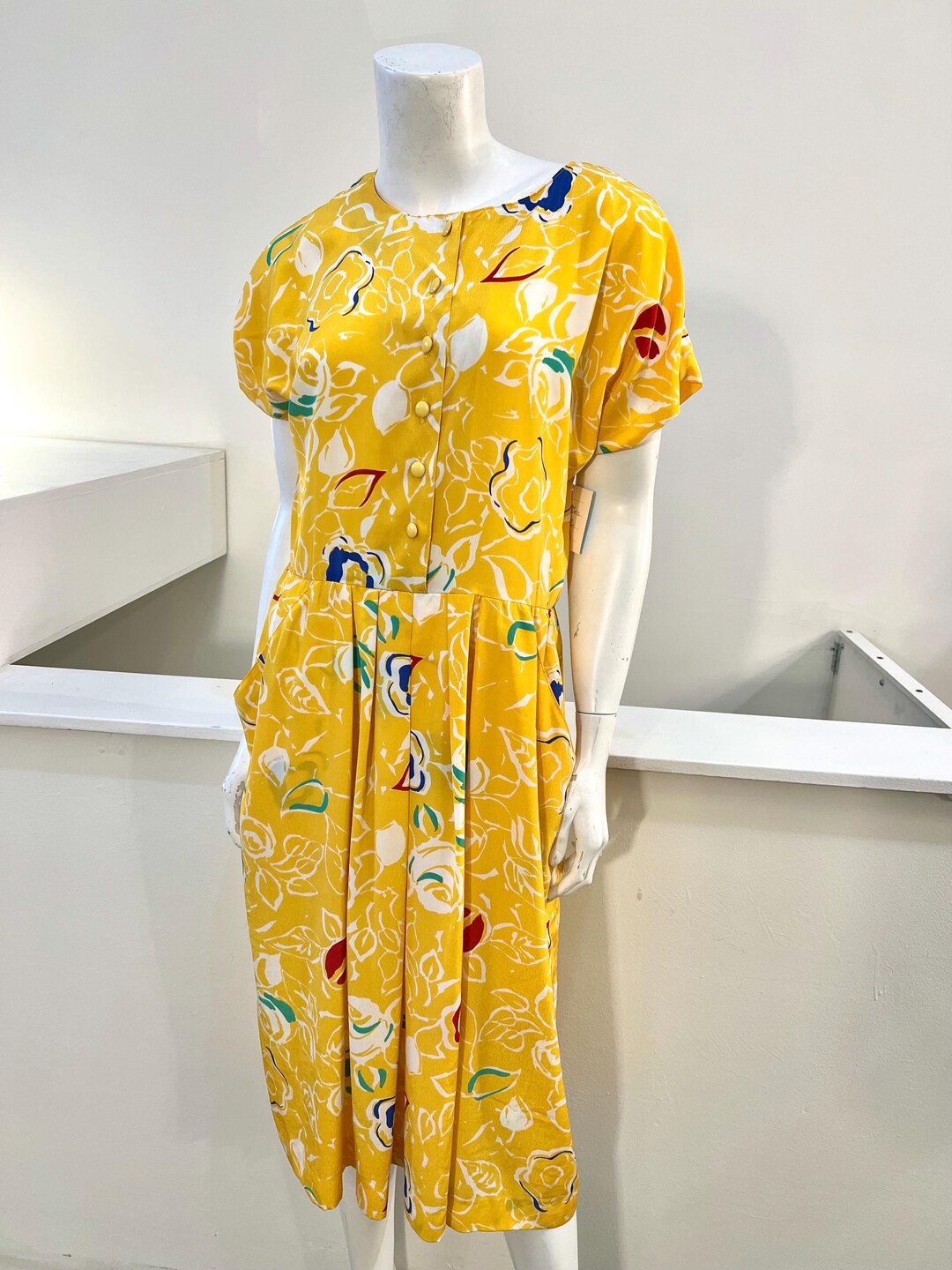 1980s Vintage Secretary Dress | Yellow & White Floral Print | Size 12 ...