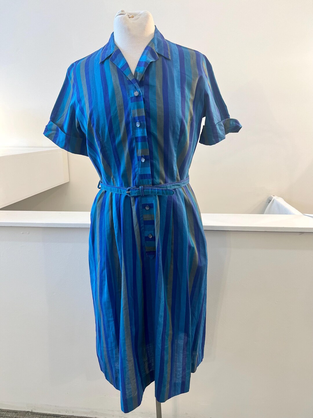 Vintage 1960’s Blue and Green Madras Stripe Shirt Dress - Etsy