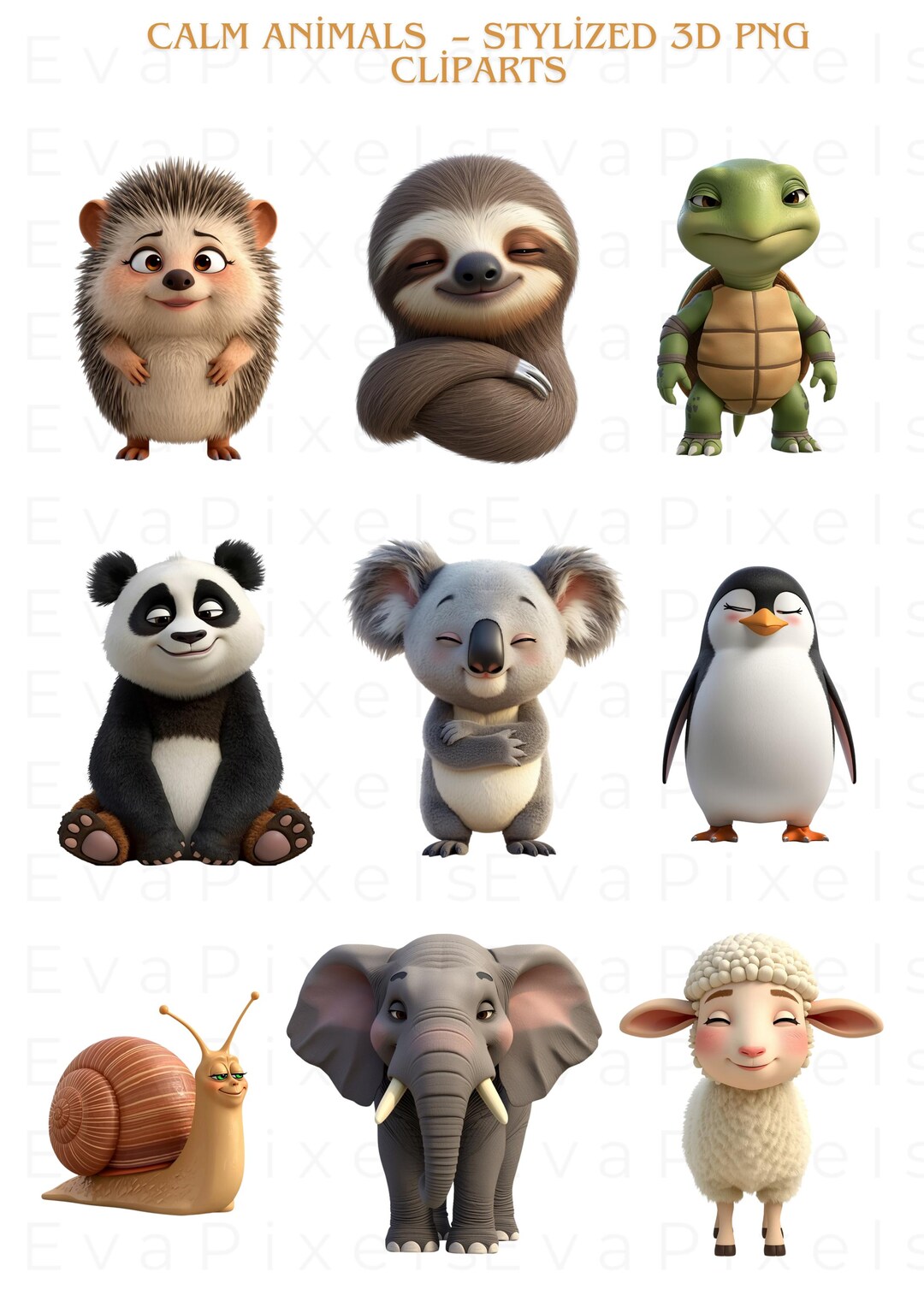 Calm Animals Clipart | 3D Cartoon PNG Images (digital Download) - Etsy