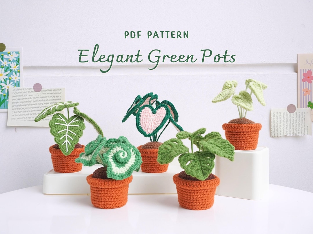 Elegant Green Pots Crochet Patterns Bundle, Neon Pothos Pot, Caladium ...