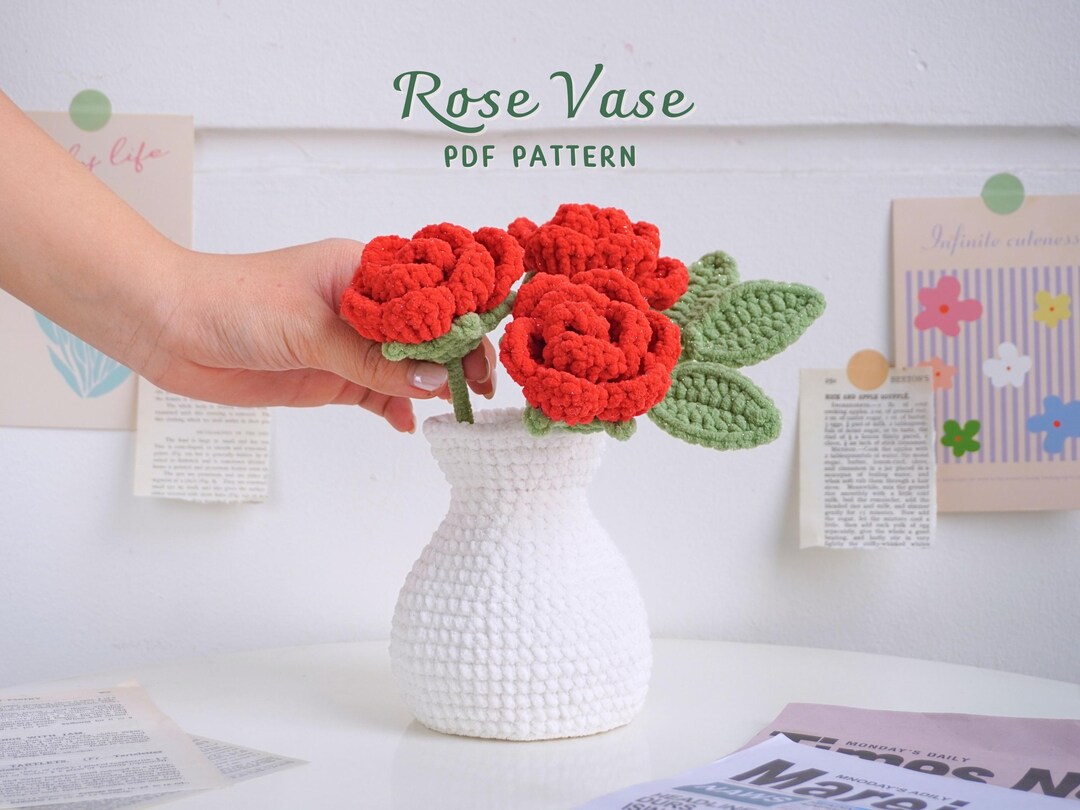 Roses Vase Crochet Pattern, Flower Crochet Pattern, Crochet Home Decor ...