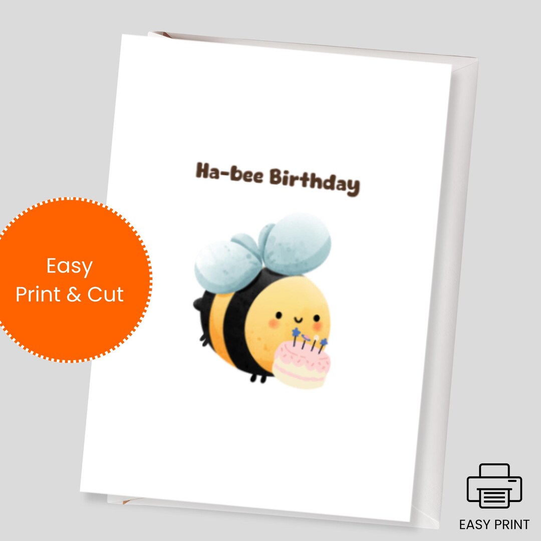 Cute Bee Birthday Card | Bee Bday Cake Digital Printable Card | Instant ...