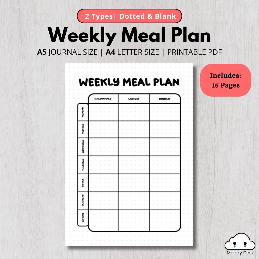Weekly Meal Planner | Printable Menu Prep Journal Organizer | Food ...