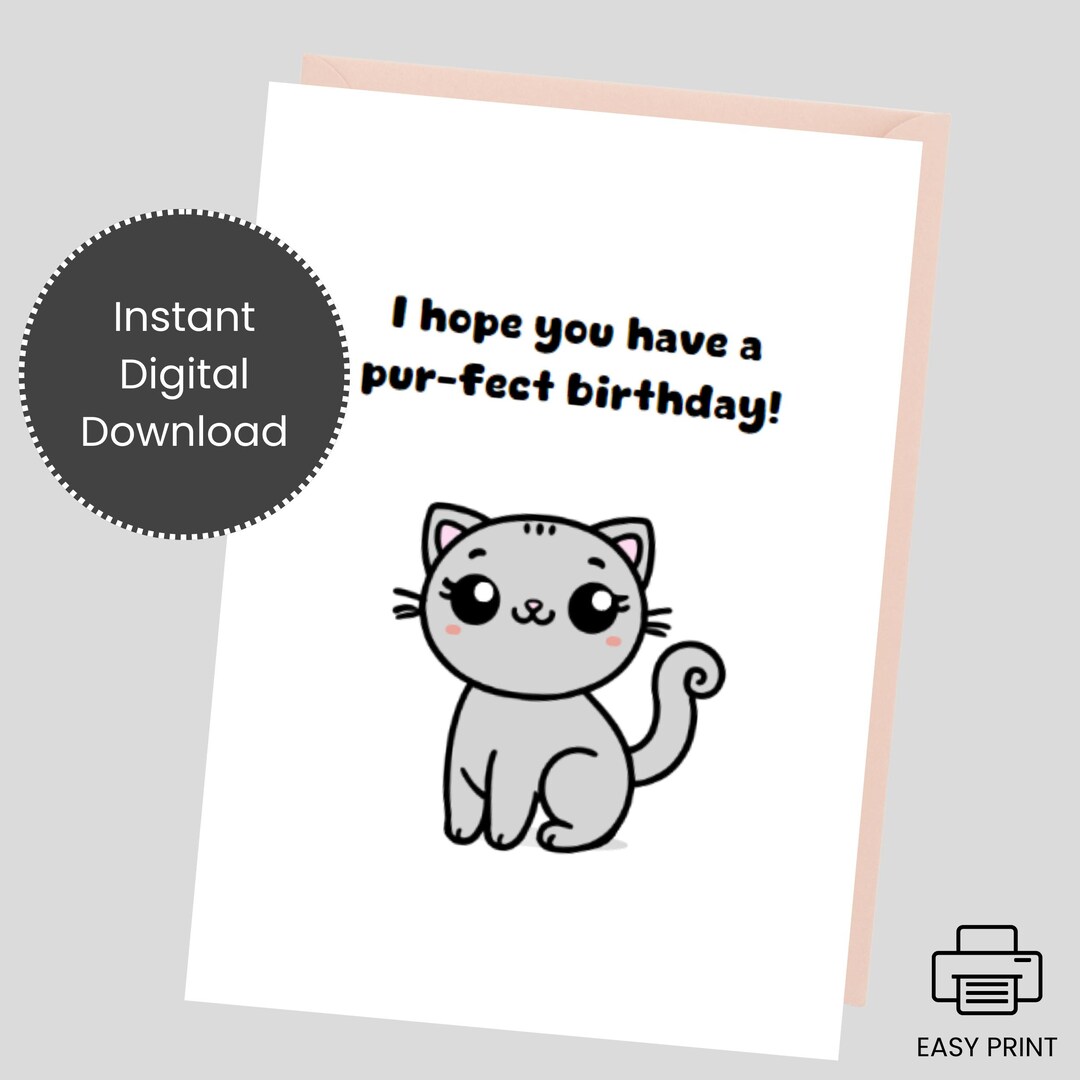 Cute Cat Birthday Card | Instant Download Printable Card | for A Cat ...