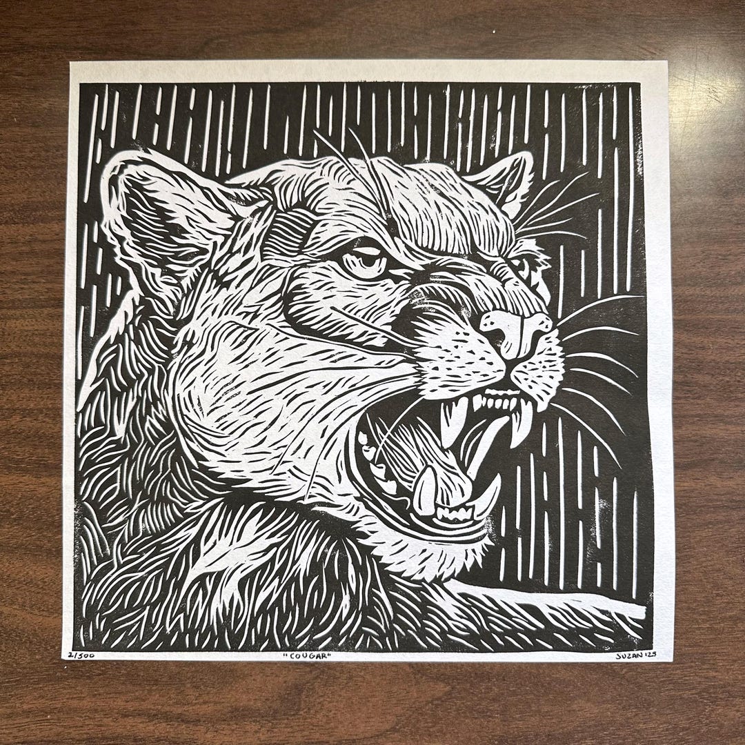 Cougar Linocut Print: Mountain Lion Wall Art - Etsy UK