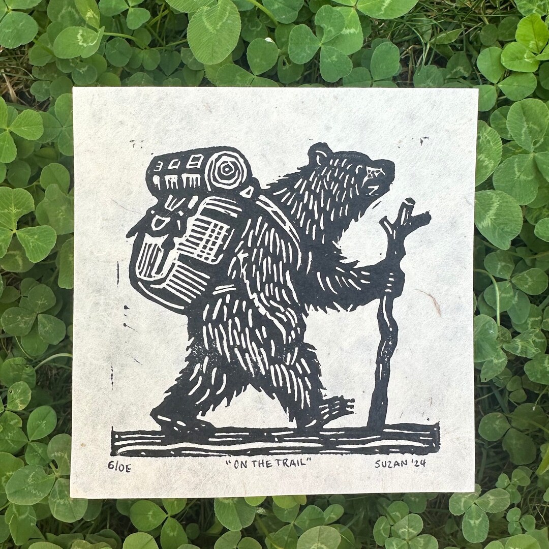 Bear Linocut, " on the Trail ", Hiking Linocut, Bear Art, Bear Decor - Etsy