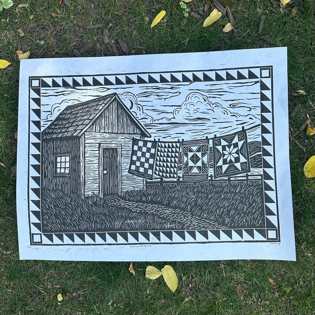 Quilts on the Prairie Linocut Print, Handmade Original Linocut Art ...