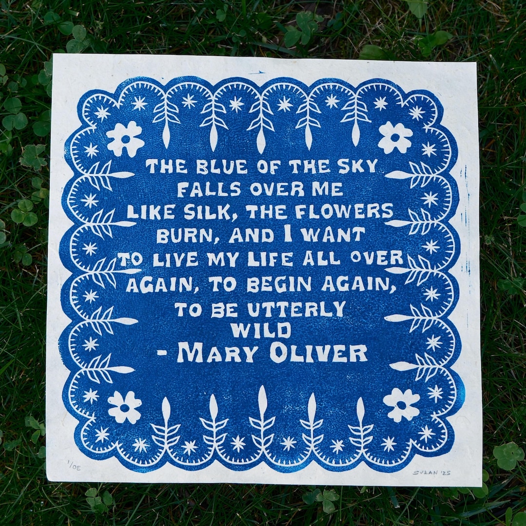 Mary Oliver Quote Linocut Art Print: Handmade Blue Ink on Lokta Paper ...