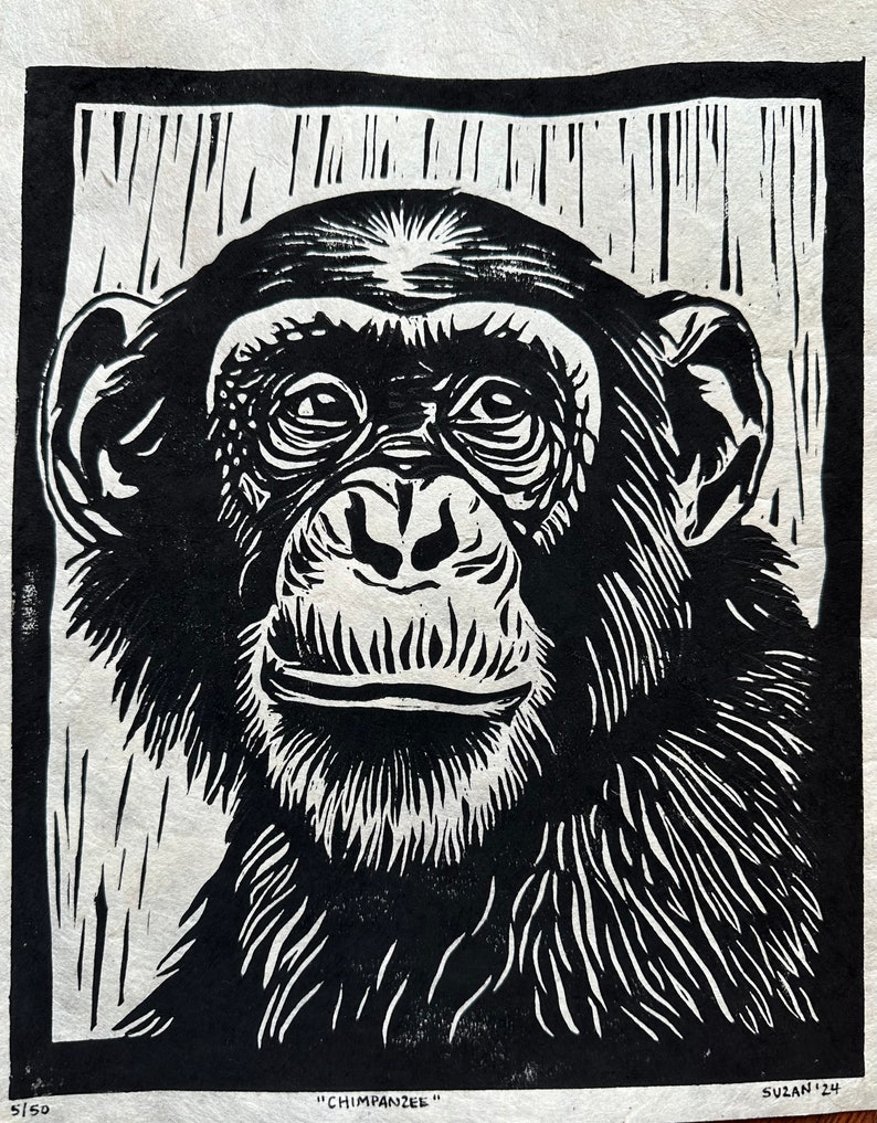 Chimpanzee Linocut, Chimpanzee Art - Etsy UK