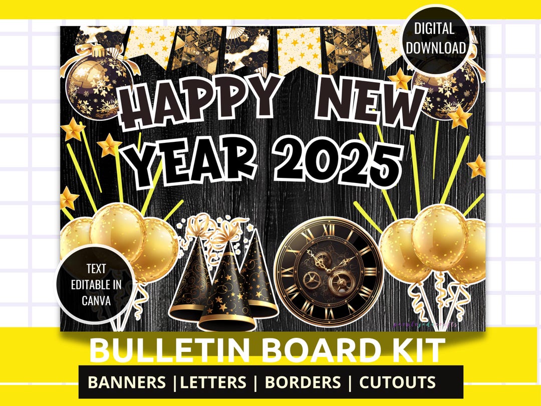 Bulletin Board Kit for New Year Elegant Black and Gold New Year ...