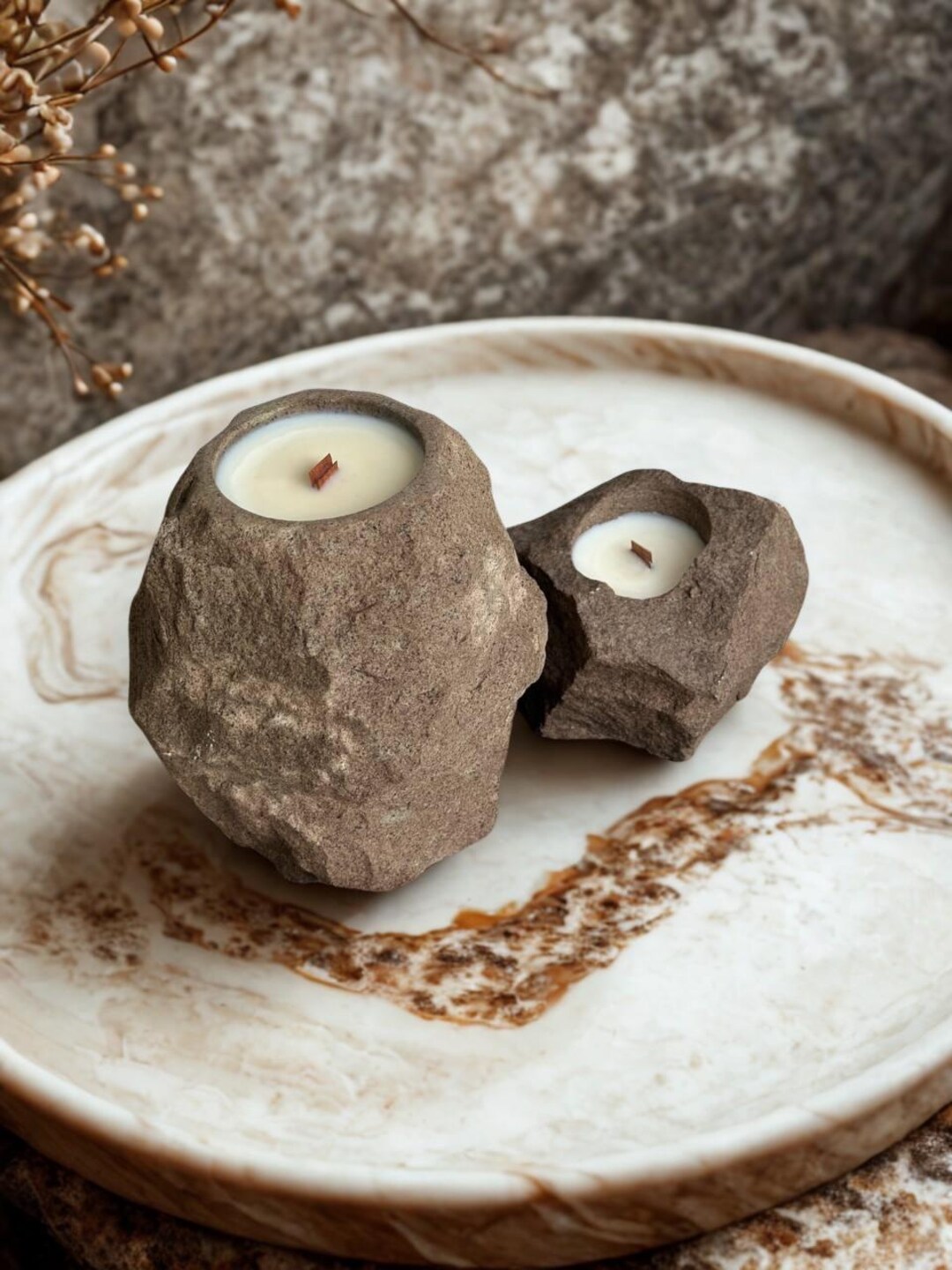 Red Sandstone Candle: Handcrafted Stone Bowl, Soy Wax & Wooden Wick - Etsy