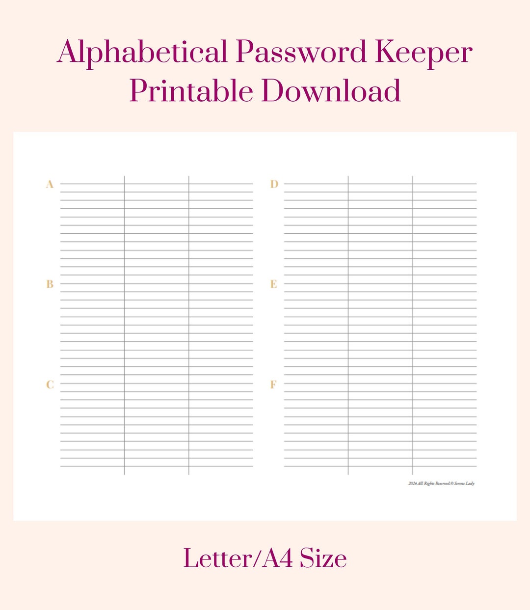 Alphabetical Password Keeper, Printable Download - Etsy