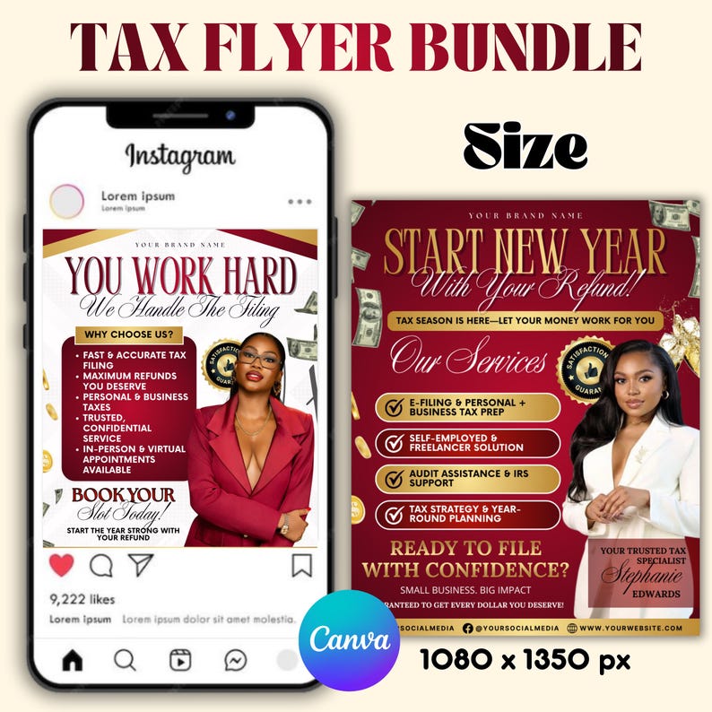 Red and Gold Tax Prep Bundle, Professional Tax Instagram Post, Tax ...