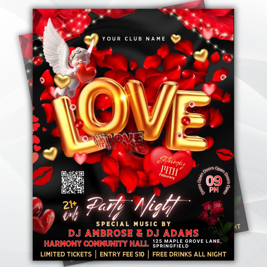 Valentine's Nightclub Flyer Template - Romantic Party Invite for Clubs ...