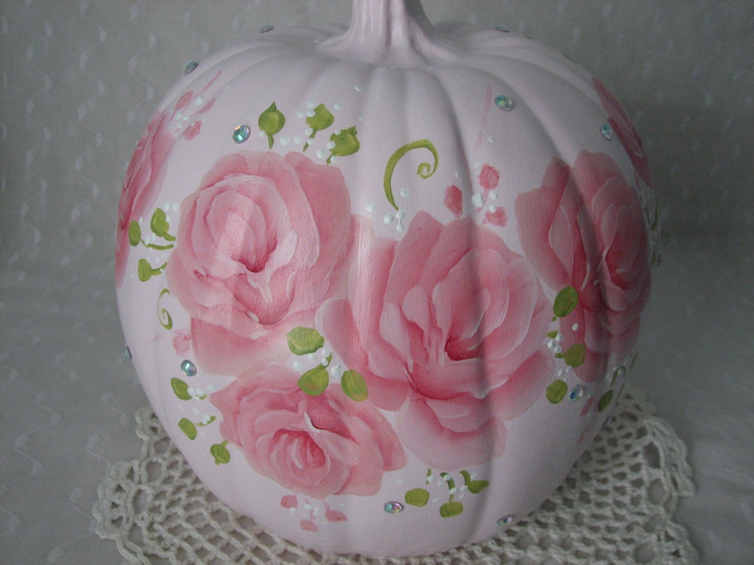 Large Pumpkin Hand Painted Pink Roses Rhinestones Fall Autumn Decor ...