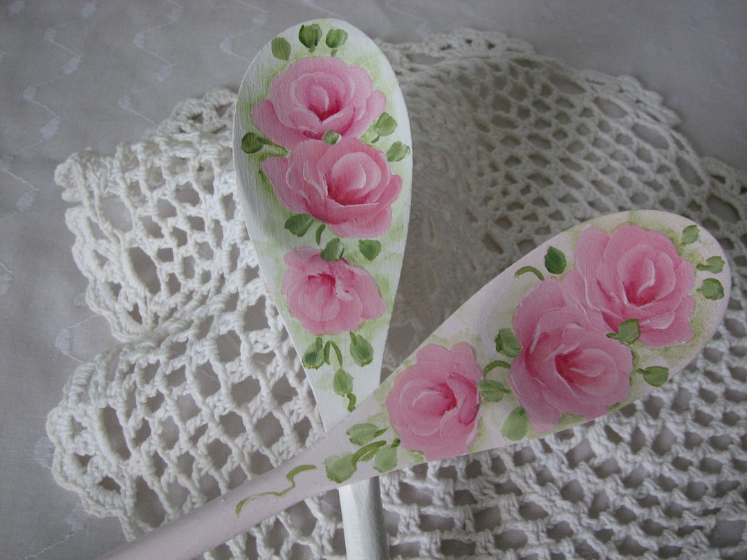 Pink Roses Wood Spoons Hand Painted White Set of 2 Kitchen Decor ...