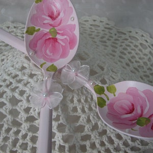 Pink Roses Spoons Hand Painted Set of 2 Kitchen Decor Cottage Chic No ...