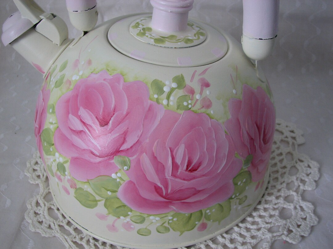 Pink Roses Ivory Decorative Tea Kettle Hand Painted Kitchen Decor ...
