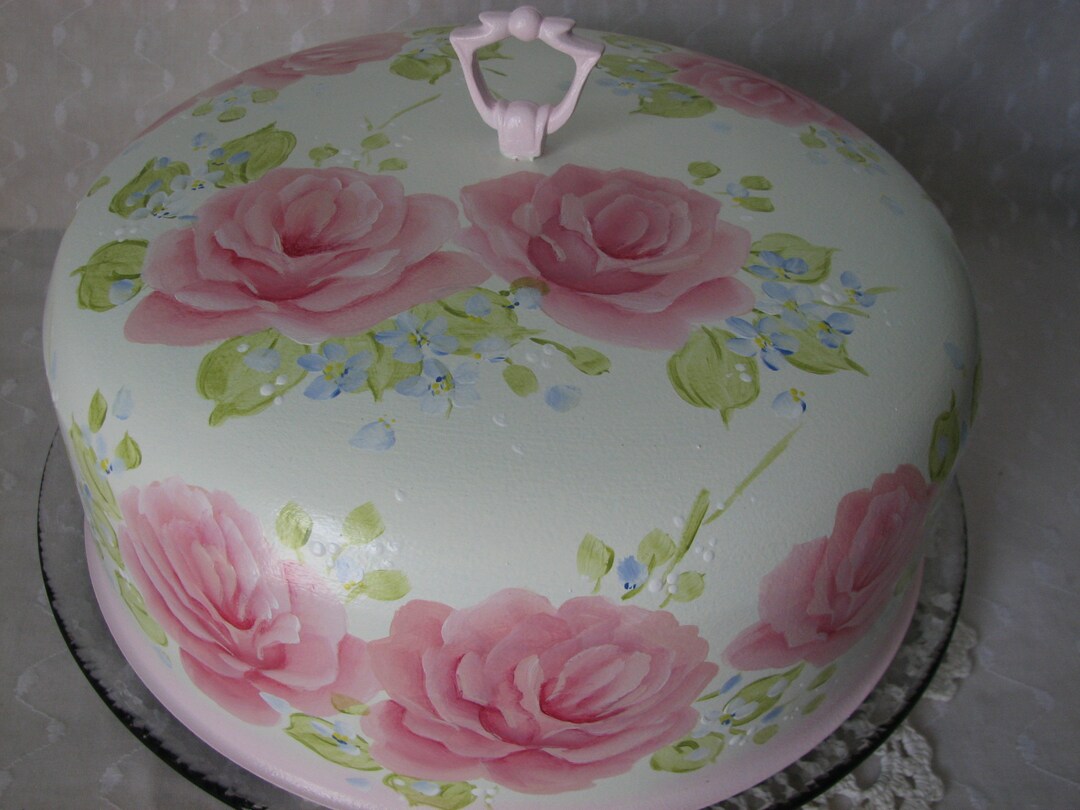 Cake Cover Dome With Glass Plate Hand Painted Pink Roses Kitchen Decor ...