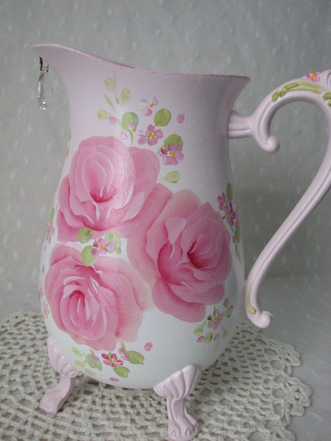 Pink Roses Water Pitcher Shabby Hand Painted Silver Plate Cottage Chic ...