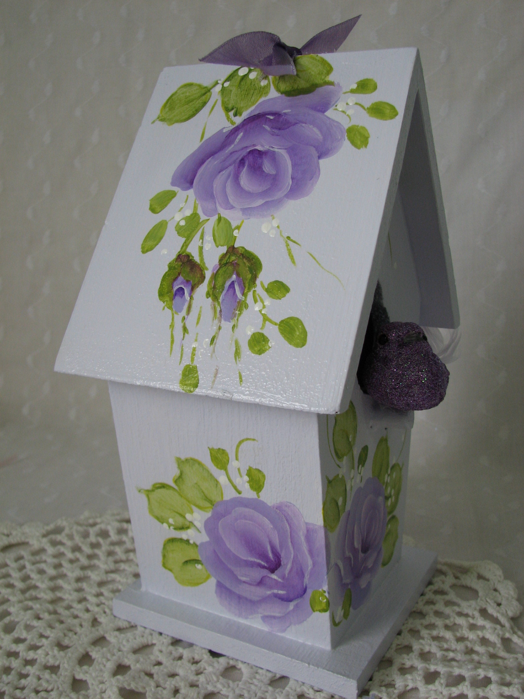 Lilac Birdhouse Hand Painted Purple Roses Bird Cottage Chic - Etsy ...